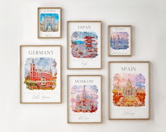 World Travel Art Prints Watercolor Travel Gallery Set City - Etsy