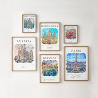 Watercolor Travel Prints, Touristic Gallery Set, Vacation City Illustration, Colorful City ...