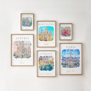 Watercolor Travel Prints, Touristic Gallery Set, Vacation City ...