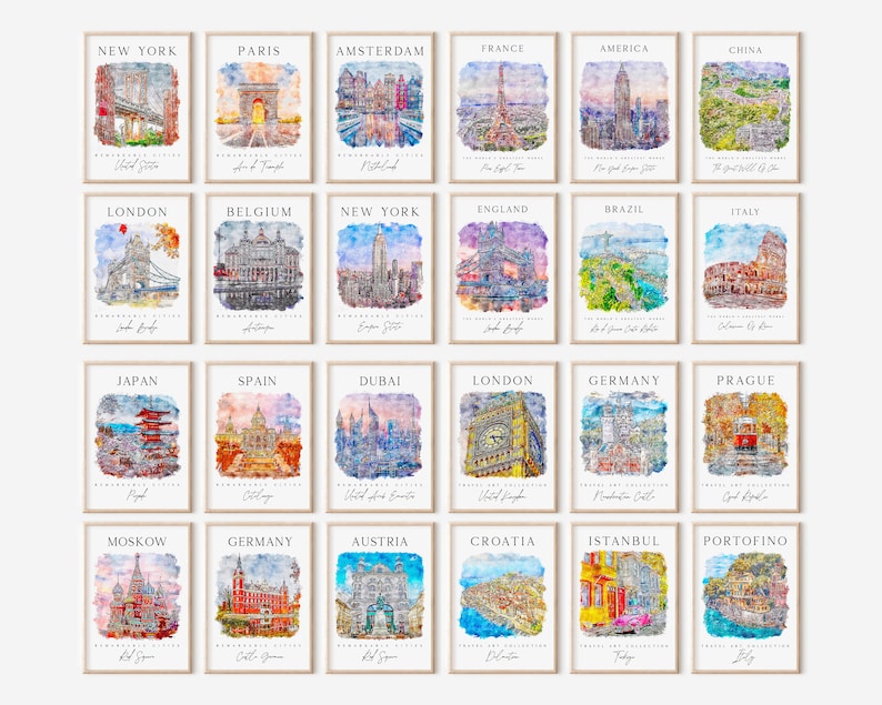 Mega World Travel Printable Art Set, 24 Watercolor Travel Gallery Set ...