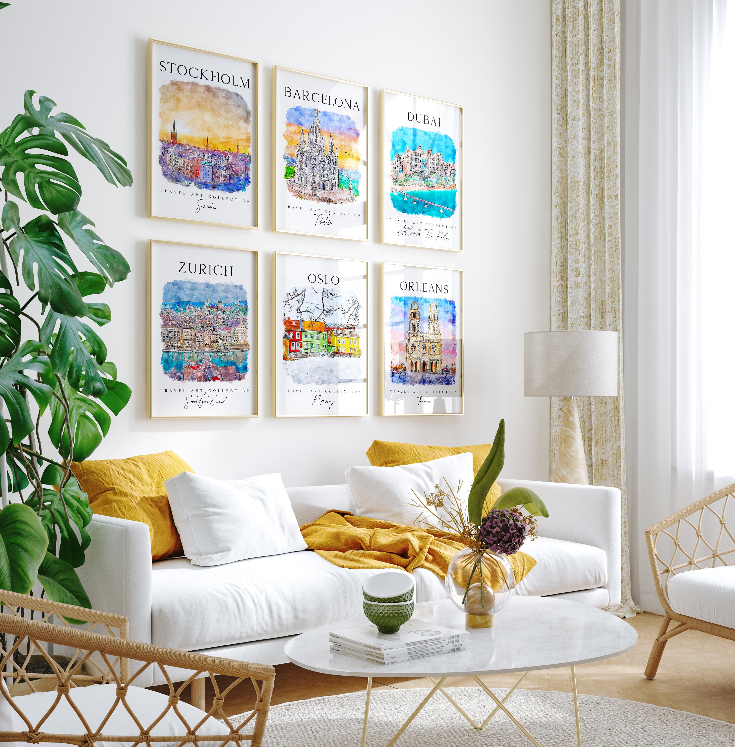 World Cities Travel Print Art Set, 20 Watercolor Touristic Gallery Set ...
