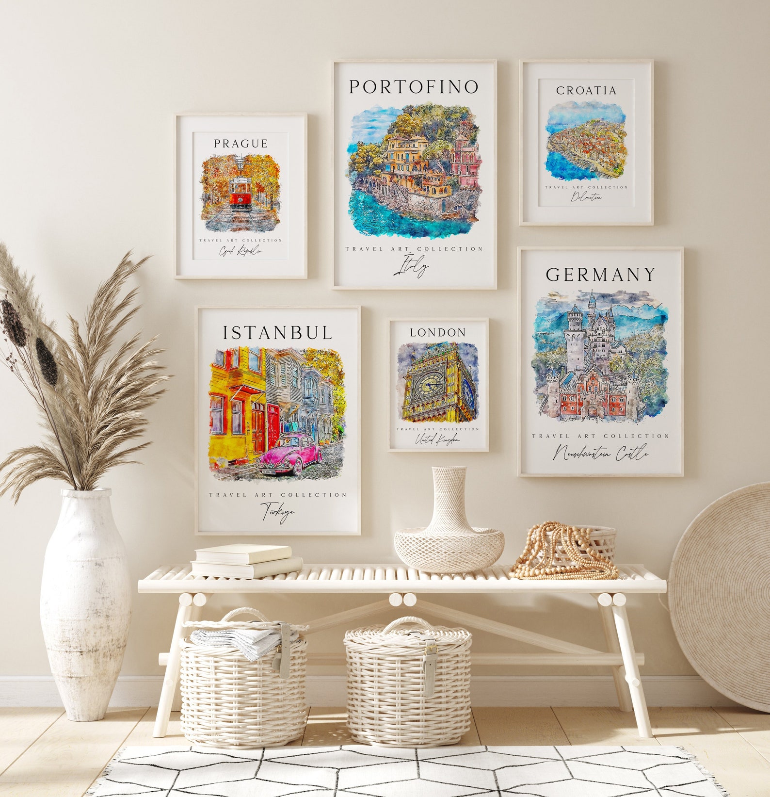 World Travel Art Prints, Watercolor Travel Gallery Set, City ...