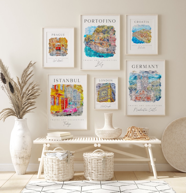World Travel Art Prints, Watercolor Travel Gallery Set, City ...