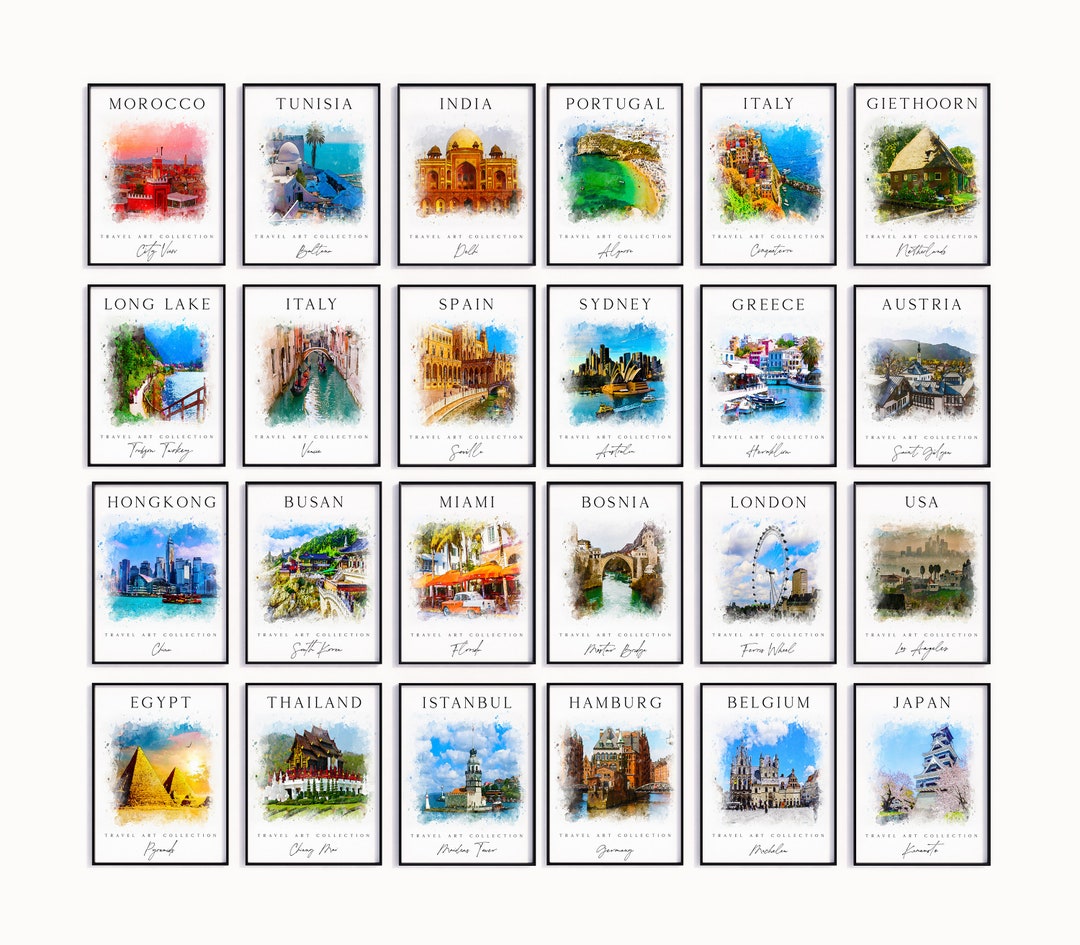 Mega Travel Art Print Set, 24 Watercolor Style Travel Destinations ...
