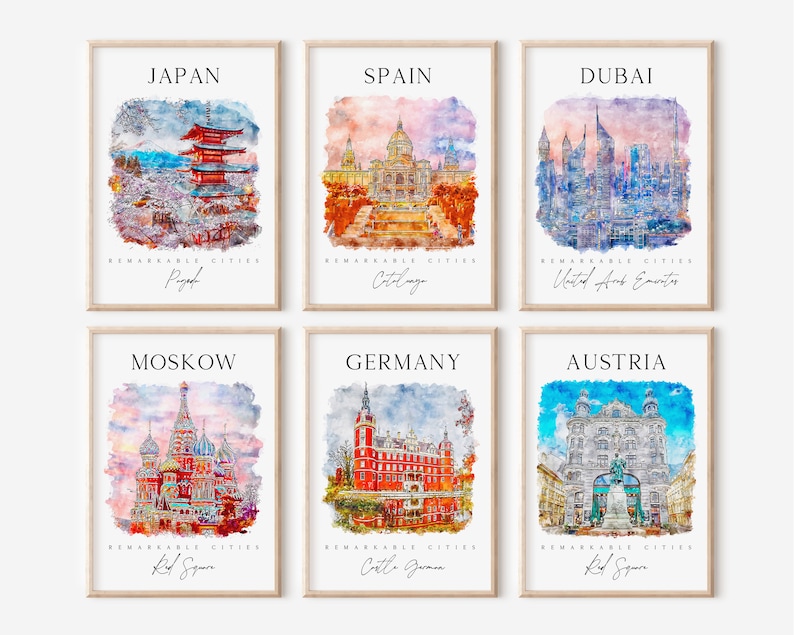 Mega World Travel Printable Art Set, 24 Watercolor Travel Gallery Set ...