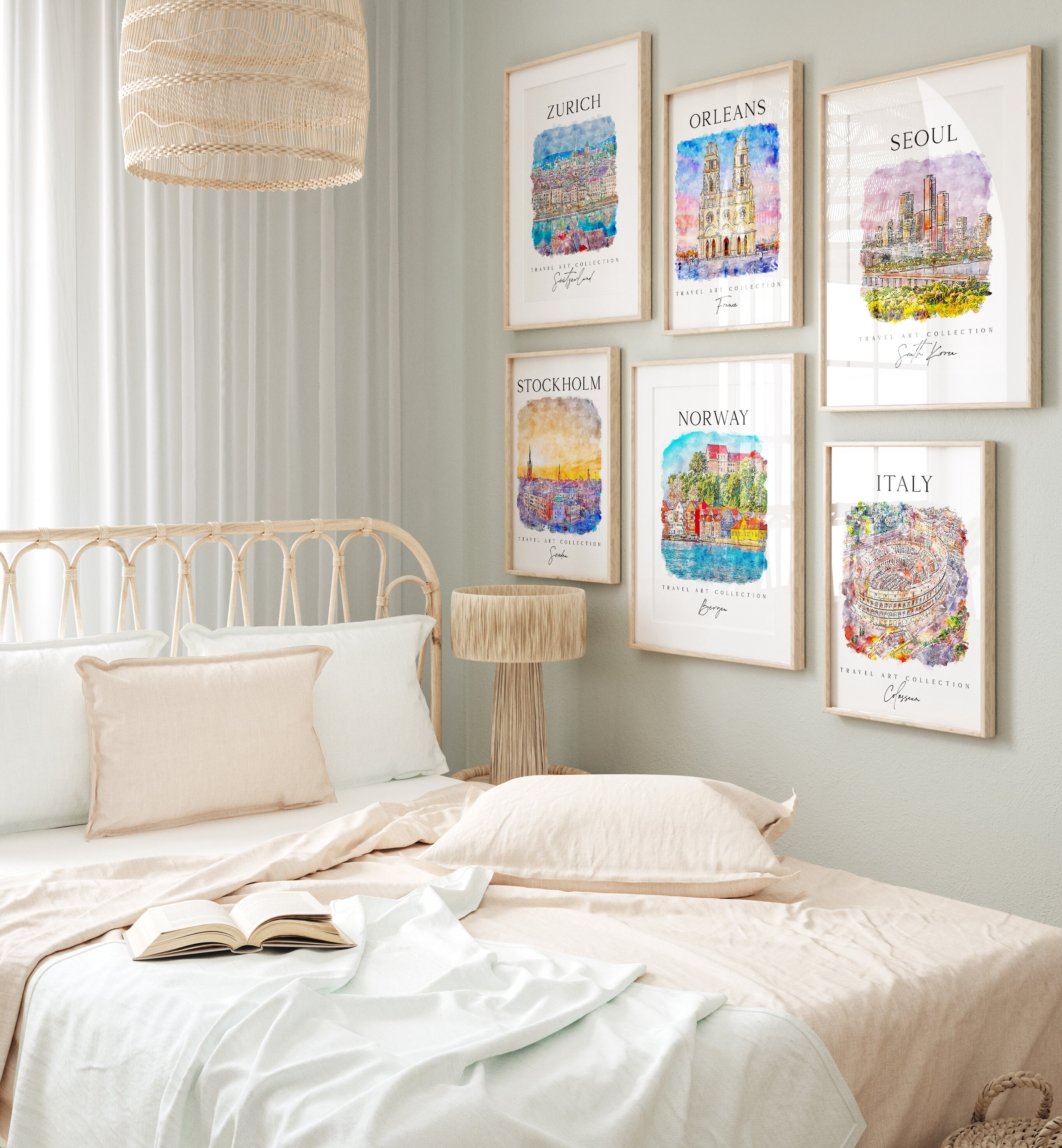 World Cities Travel Print Art Set, 20 Watercolor Touristic Gallery Set ...