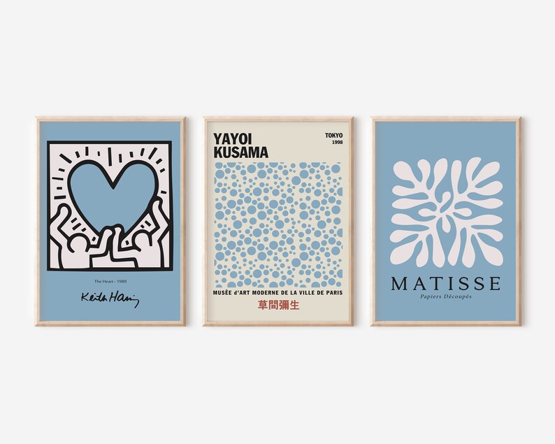 Set of 3 Blue Mixed Prints, Haring Matisse Kusama Wall Art, Blueish ...