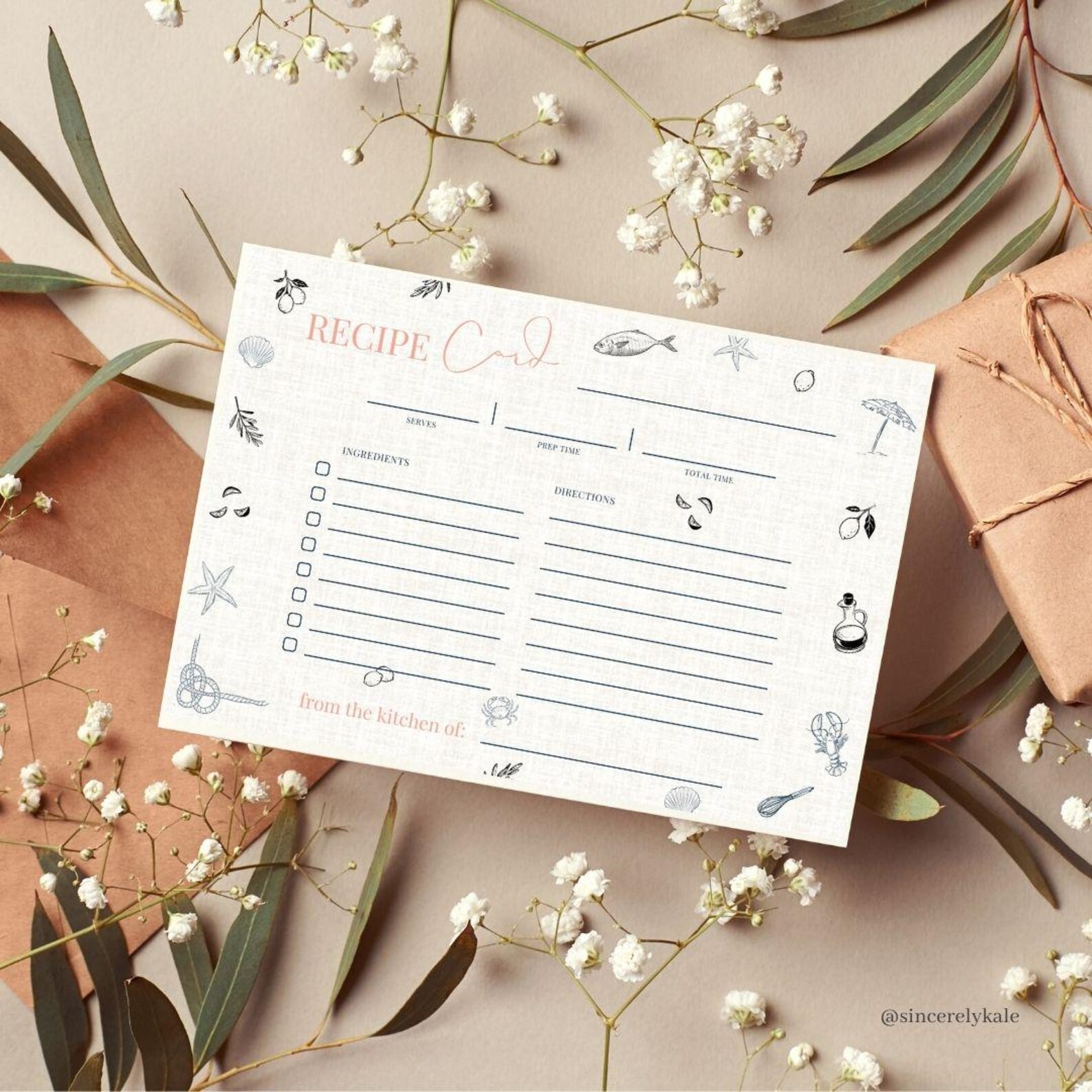 Digital Coastal Recipe Card PDF - Etsy