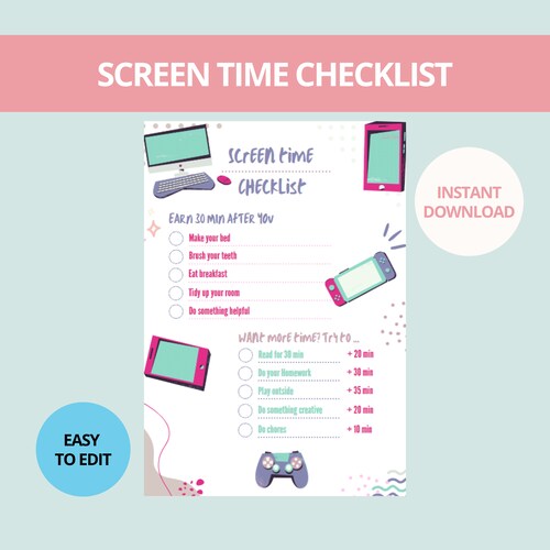 Screen Time Checklist Editable Printable Screen Chart - Etsy