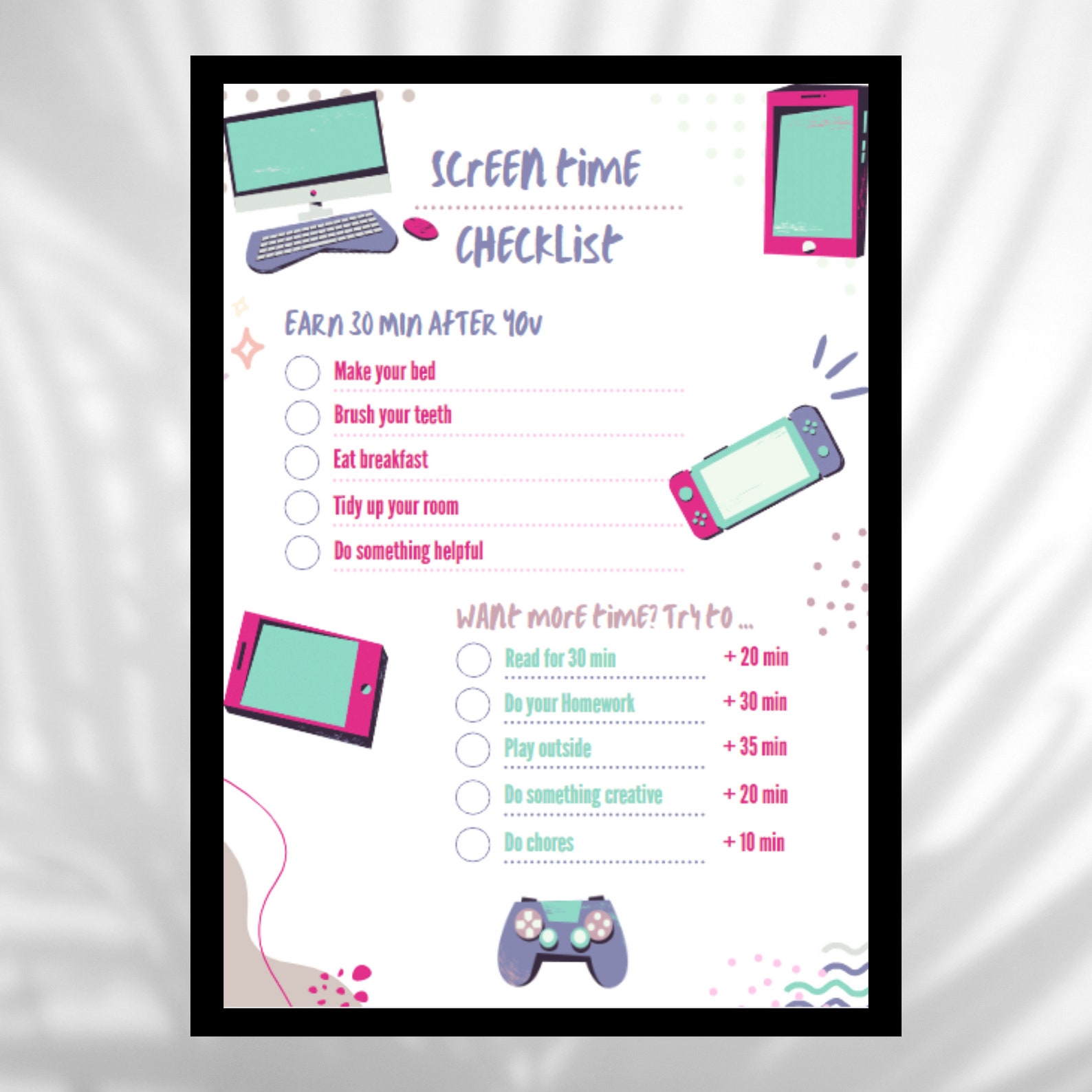 Screen Time Checklist - Etsy