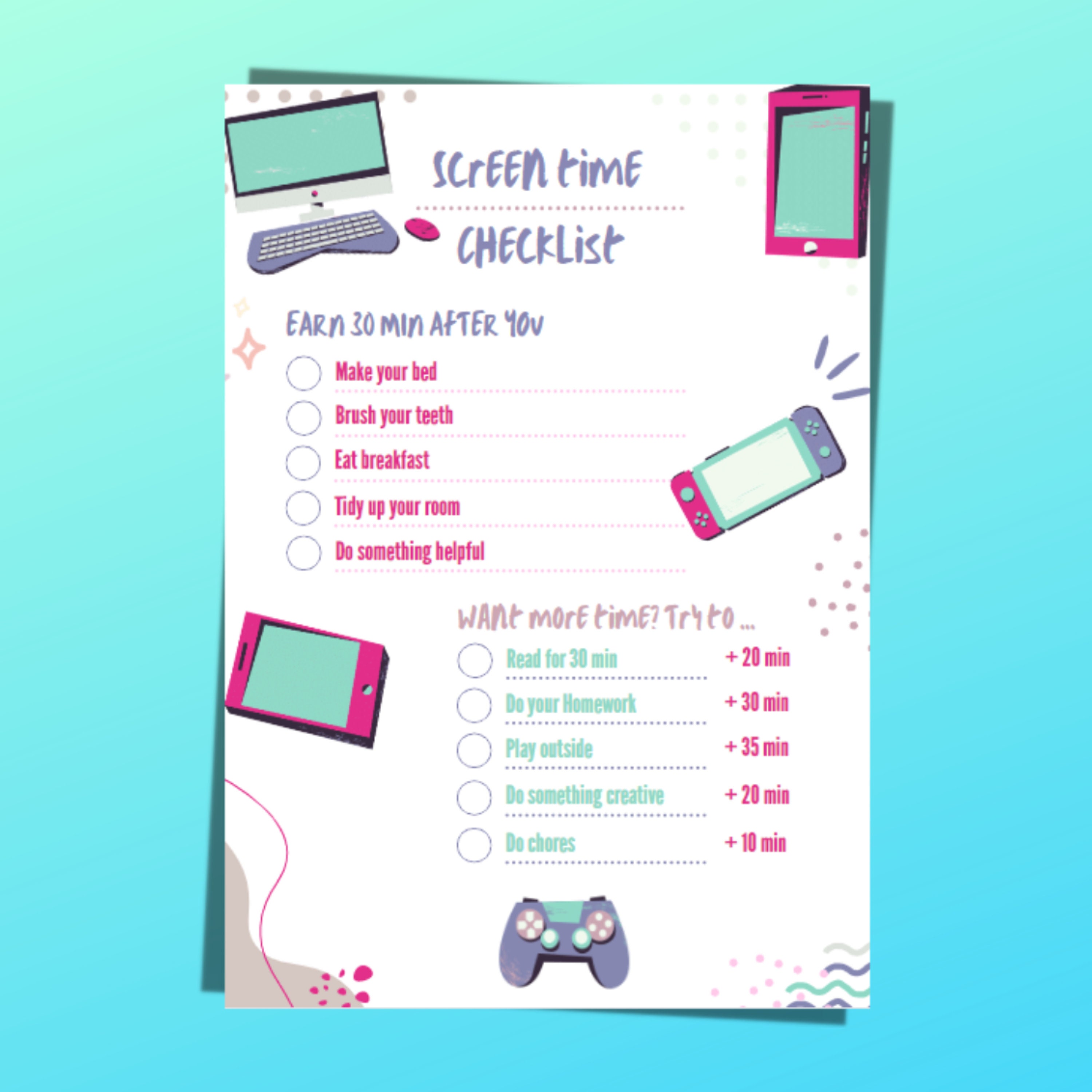 Screen Time Checklist - Etsy