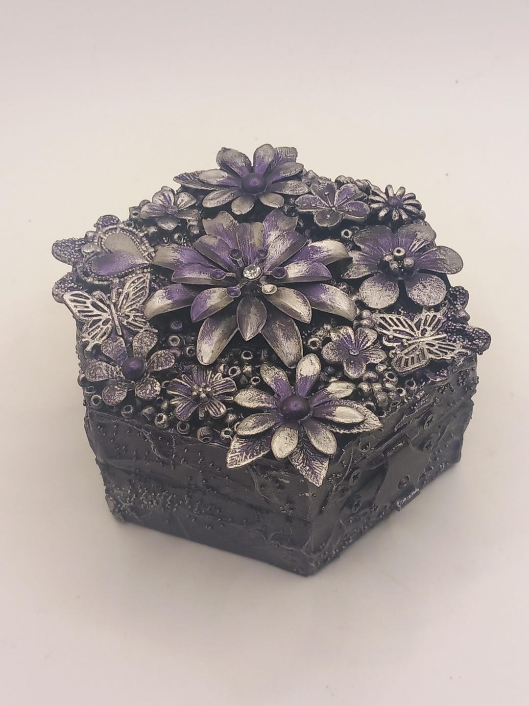 Floral Themed. Wooden Trinket Box. Purple, and Silver. Mixed Media Box ...