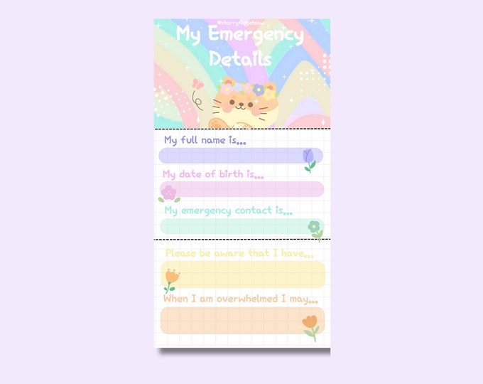 Emergency Details Notice Card Emergency Contact Card Autism Disability ...