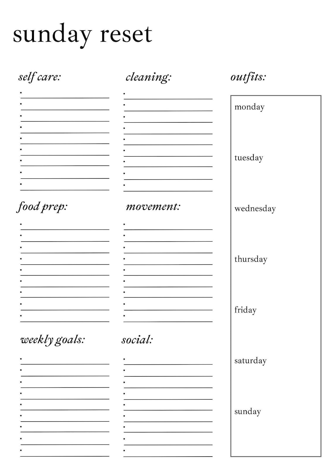 Sunday Reset | Weekly Reset | Outfit Planner | Self Care List | Weekly ...