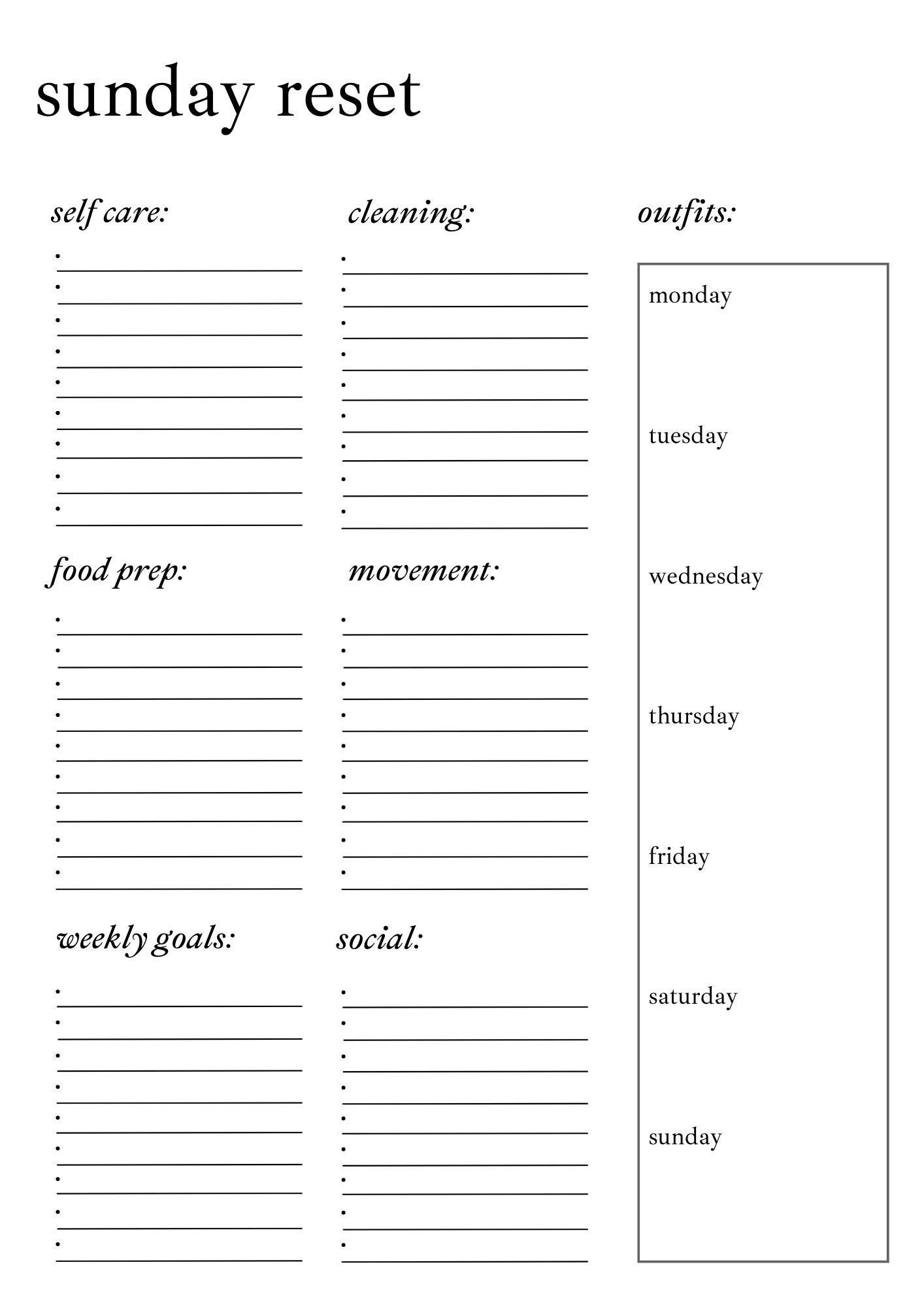 Sunday Reset | Weekly Reset | Outfit Planner | Self Care List | Weekly ...