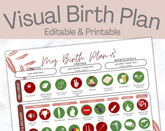 VISUAL BIRTH PLAN Editable & Printable Natural Birth Preference Canva ...
