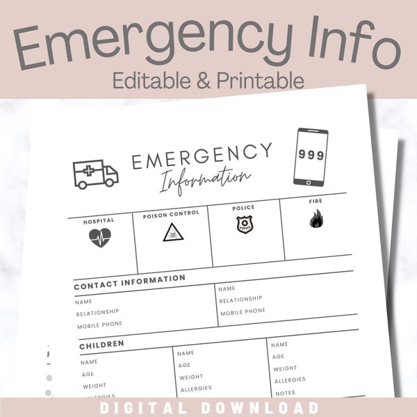 Emergency Info Sheet - Etsy