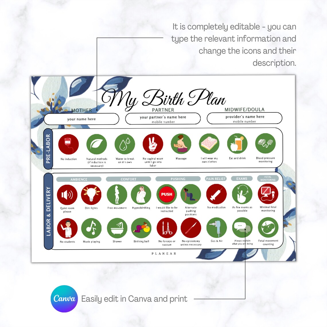VISUAL BIRTH PLAN Editable & Printable Natural Birth - Etsy