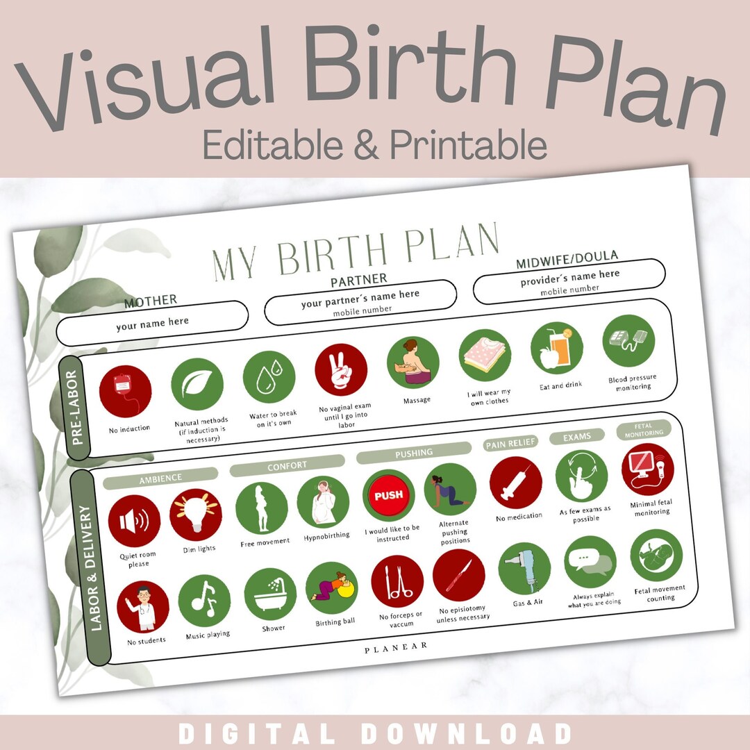 VISUAL BIRTH PLAN Editable & Printable Natural Birth Preference Canva ...