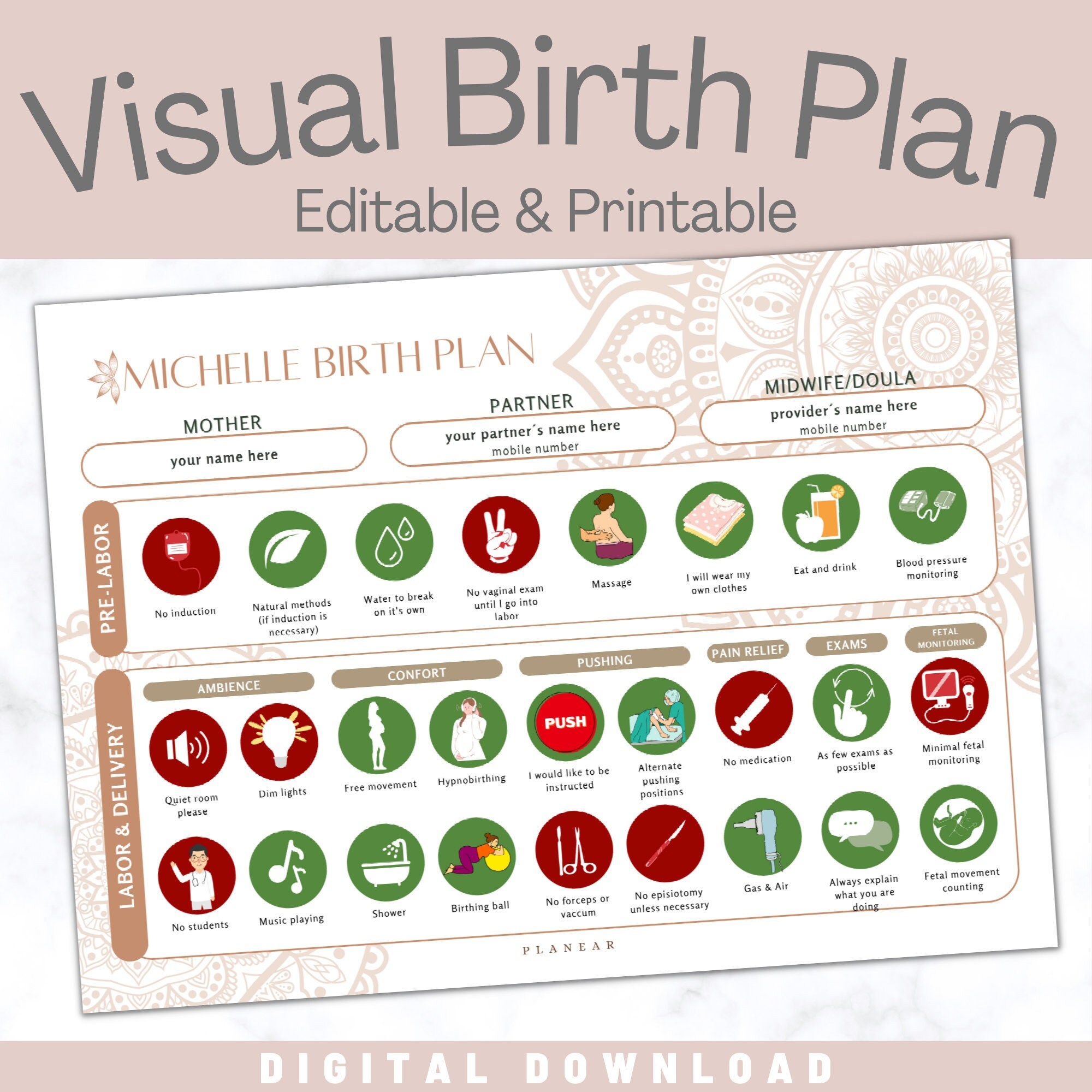 VISUAL BIRTH PLAN Editable & Printable Natural Birth - Etsy