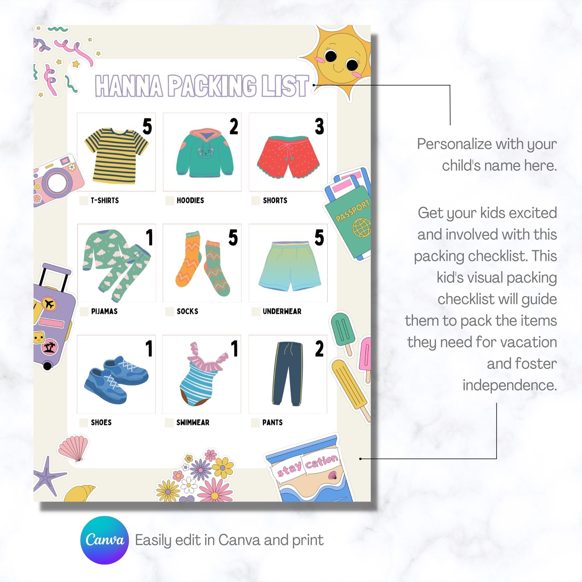 Kids Visual Packing List 4 Printable Canva Editable Travel - Etsy