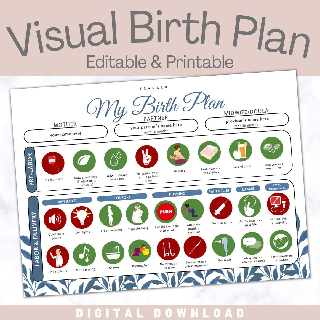 VISUAL BIRTH PLAN Editable & Printable Natural Birth Preference Canva ...