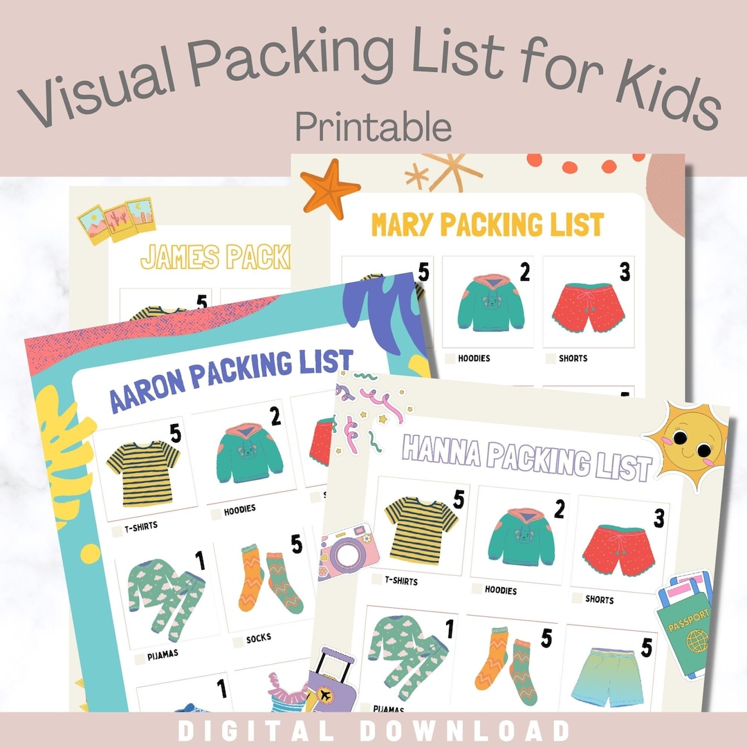 Kids Visual Packing List, 4 Printable Canva Editable Travel Checklist ...