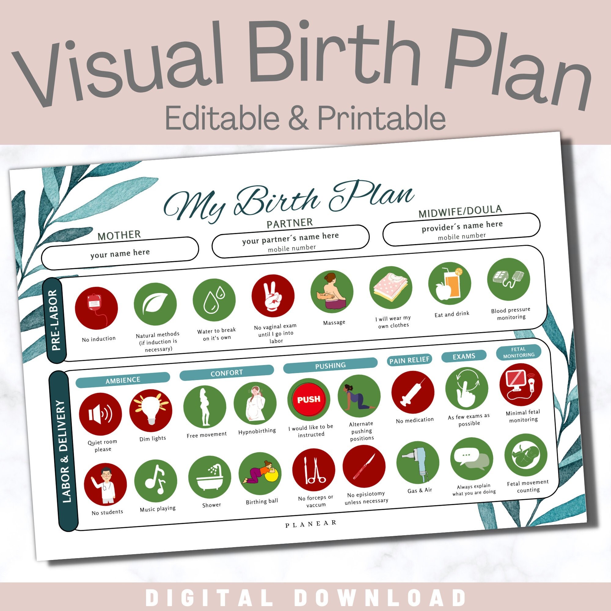 VISUAL BIRTH PLAN Editable & Printable Natural Birth - Etsy