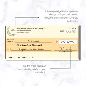 MANIFESTATION CHEQUE Canva Editable Universal Check - Etsy