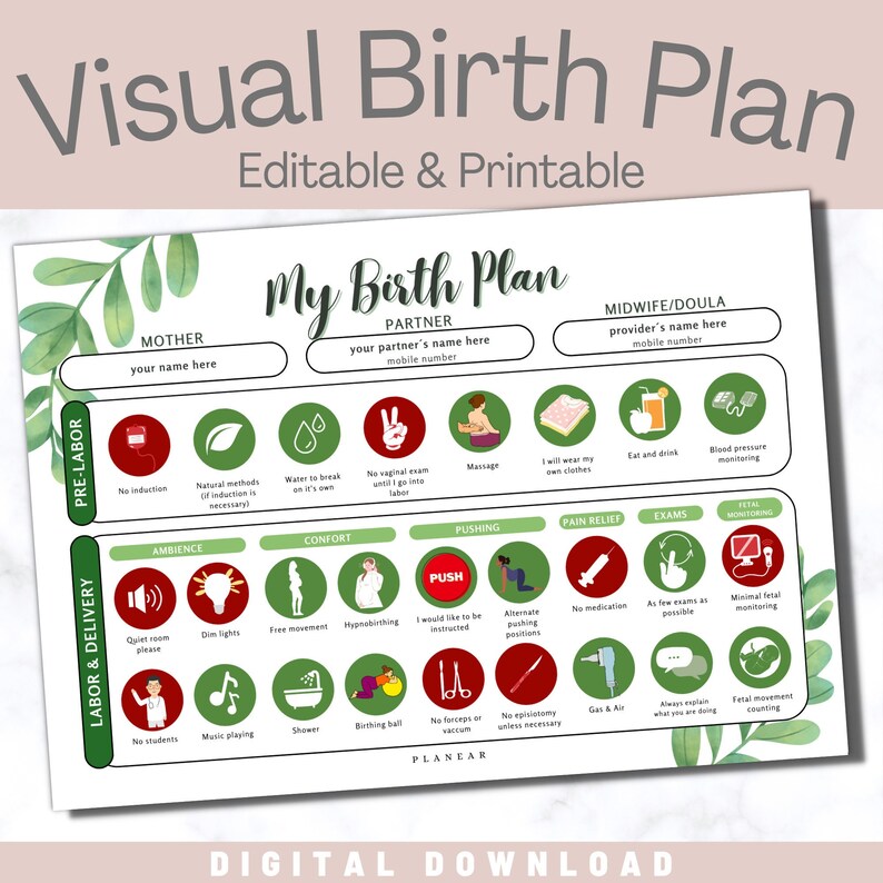 VISUAL BIRTH PLAN Editable & Printable Natural Birth - Etsy