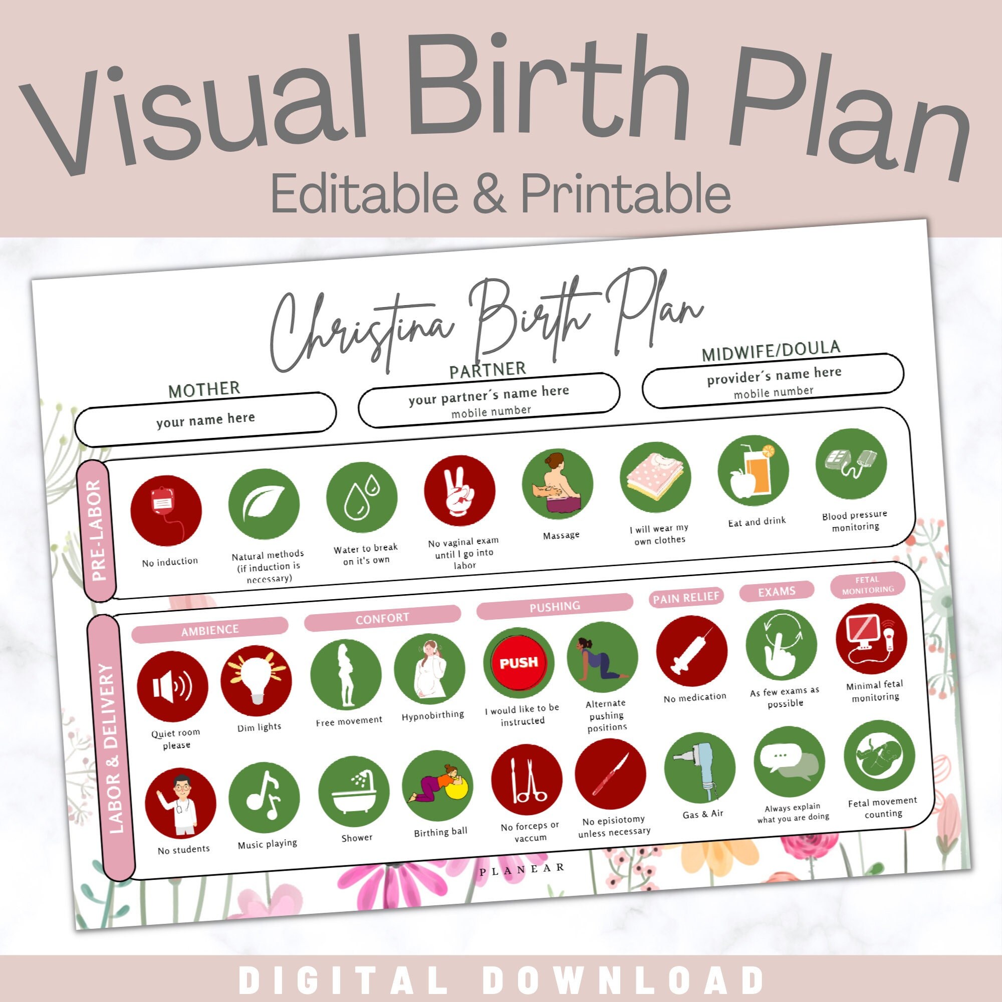 VISUAL BIRTH PLAN Editable & Printable Natural Birth - Etsy UK