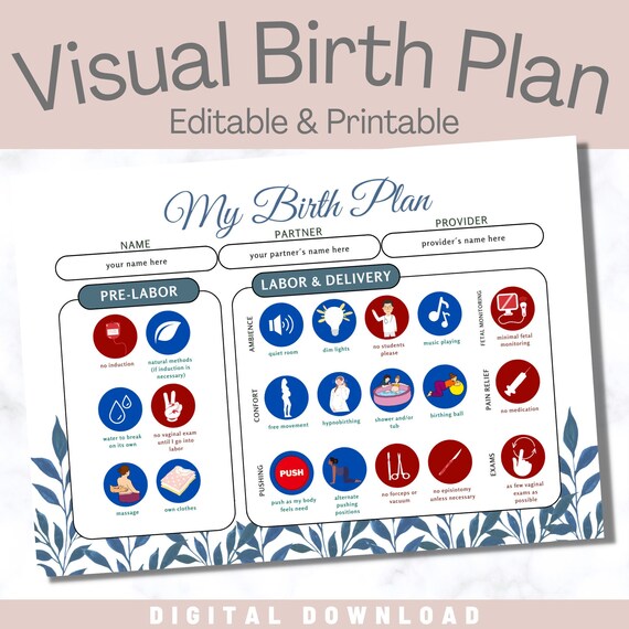 VISUAL BIRTH PLAN Editable & Printable Natural Birth - Etsy