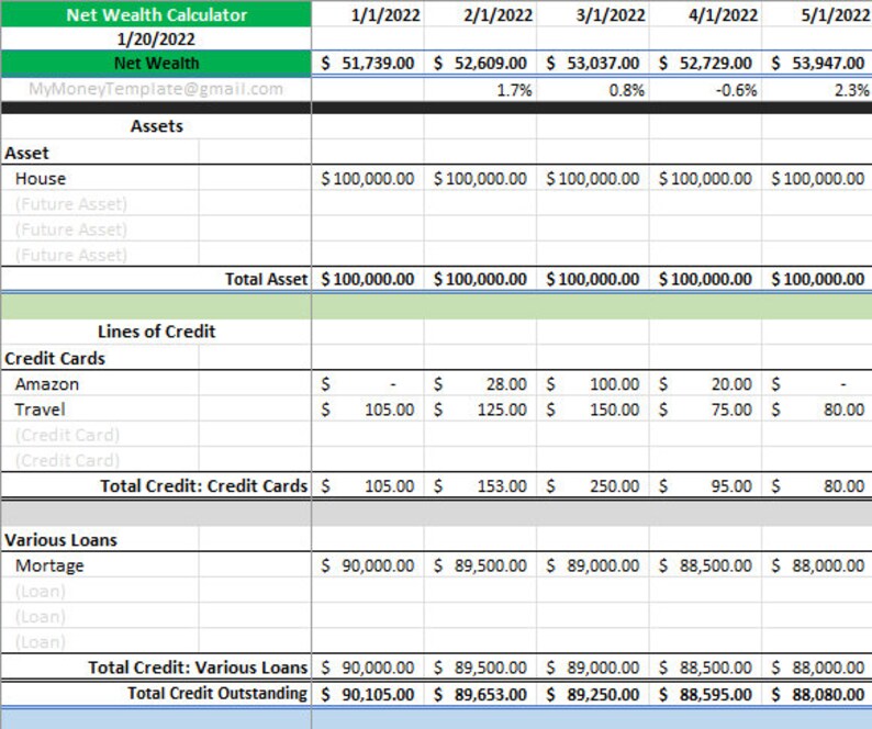 Net Wealth Excel Calculator | Etsy