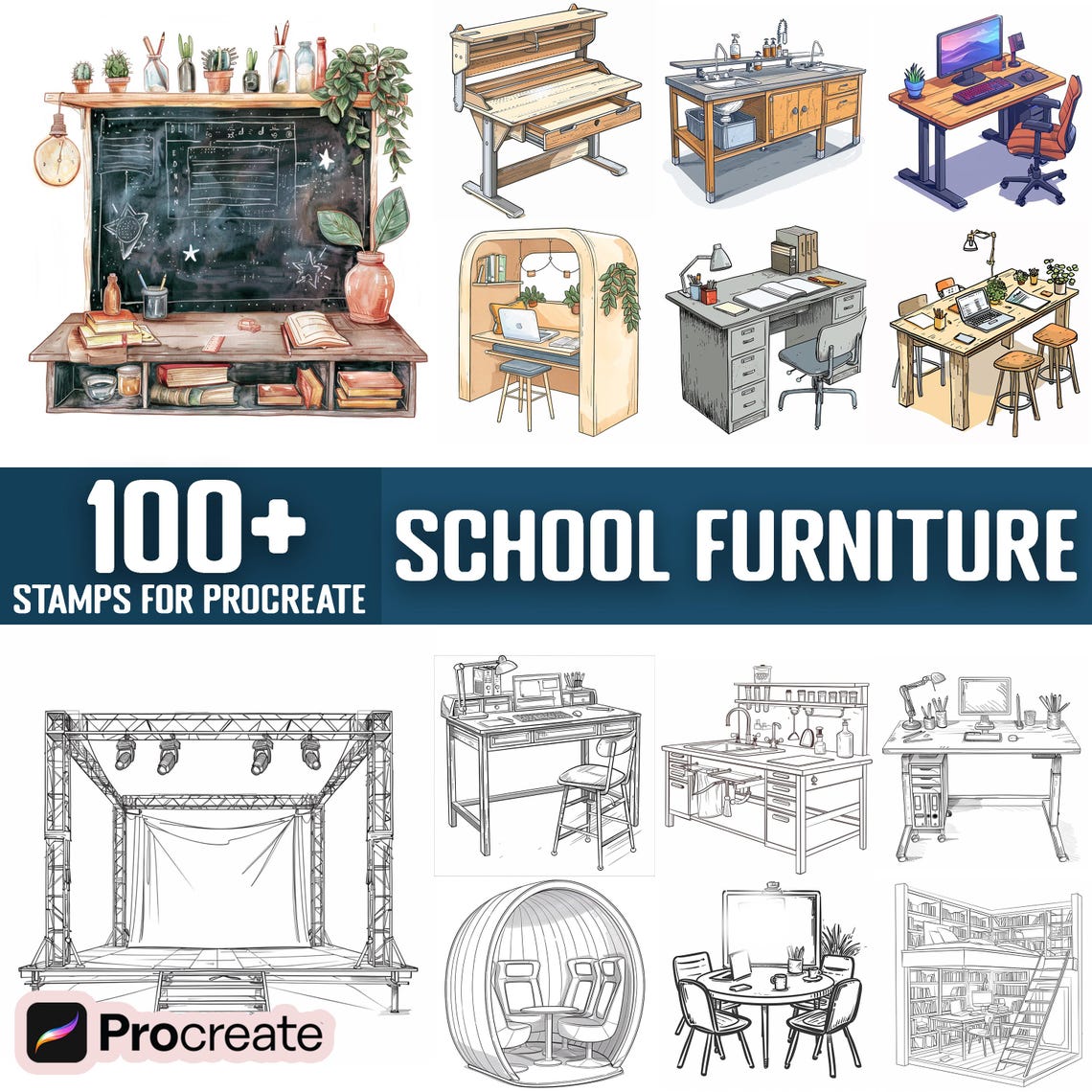 100+ School Furniture Procreate Stamps, Brushes for Procreate, Instant ...