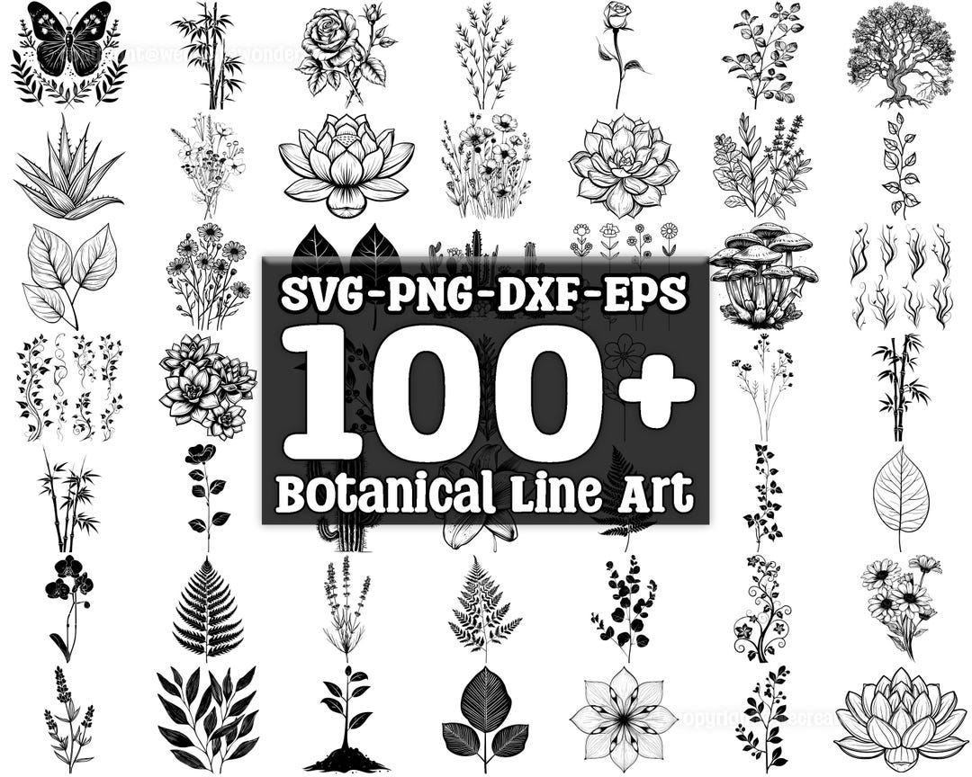 Botanical Line Art SVG Bundle, Set of 100, Instant Digital Download ...