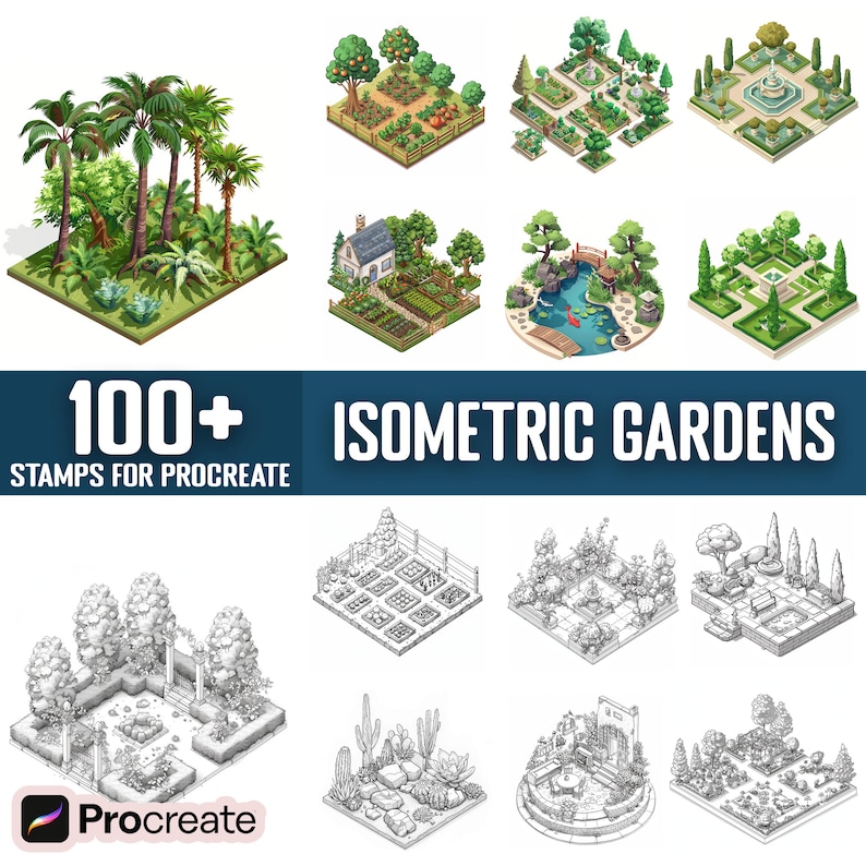 100+ Isometric Gardens Procreate Stamps, Brushes for Procreate, Instant ...