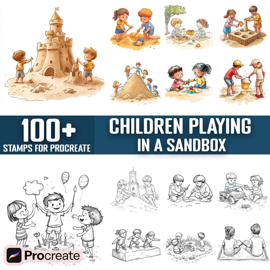 100+ Children Playing in a Sandbox Procreate Stamps, Brushes for ...
