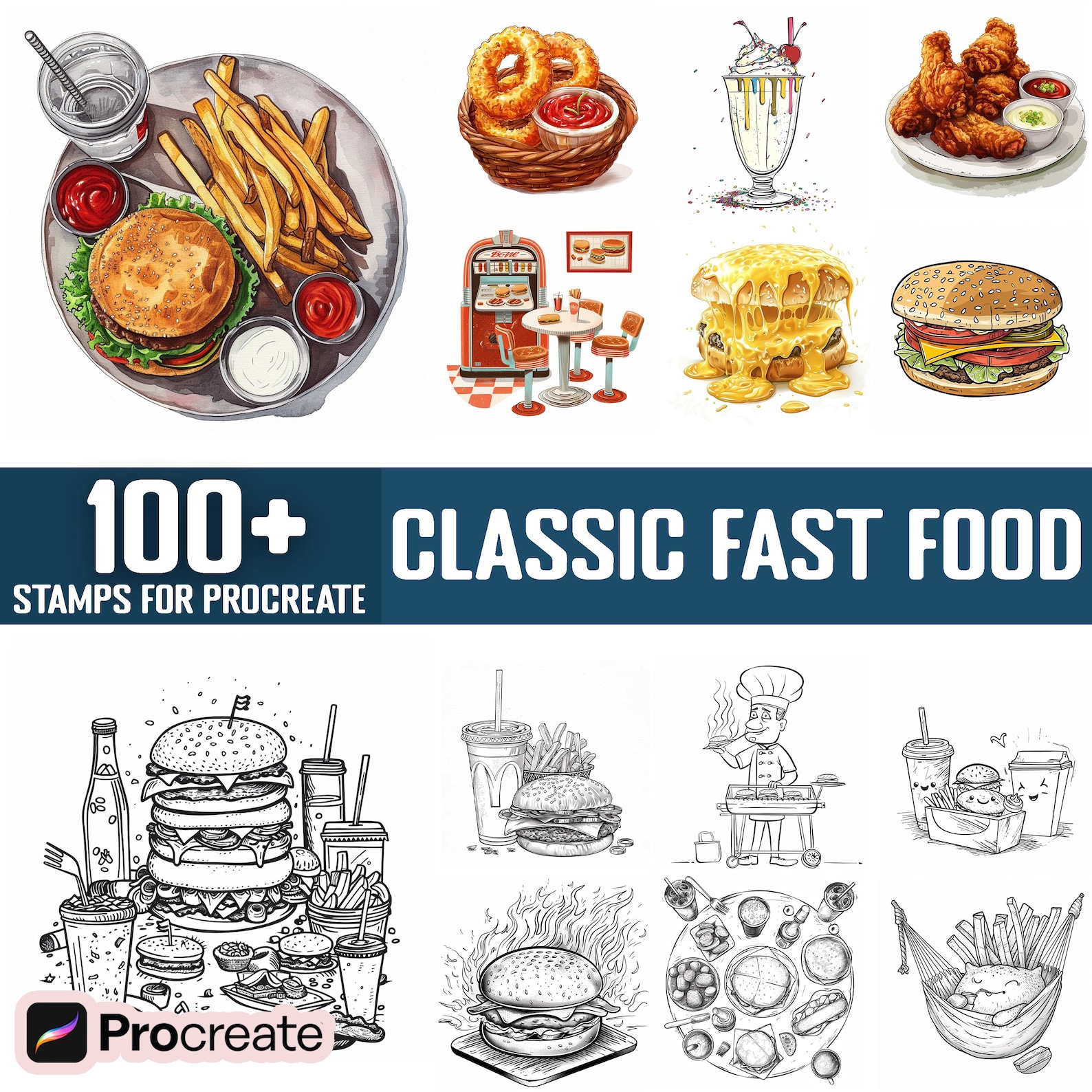 100+ Classic Fast Food Procreate Stamps, Brushes for Procreate, Instant ...