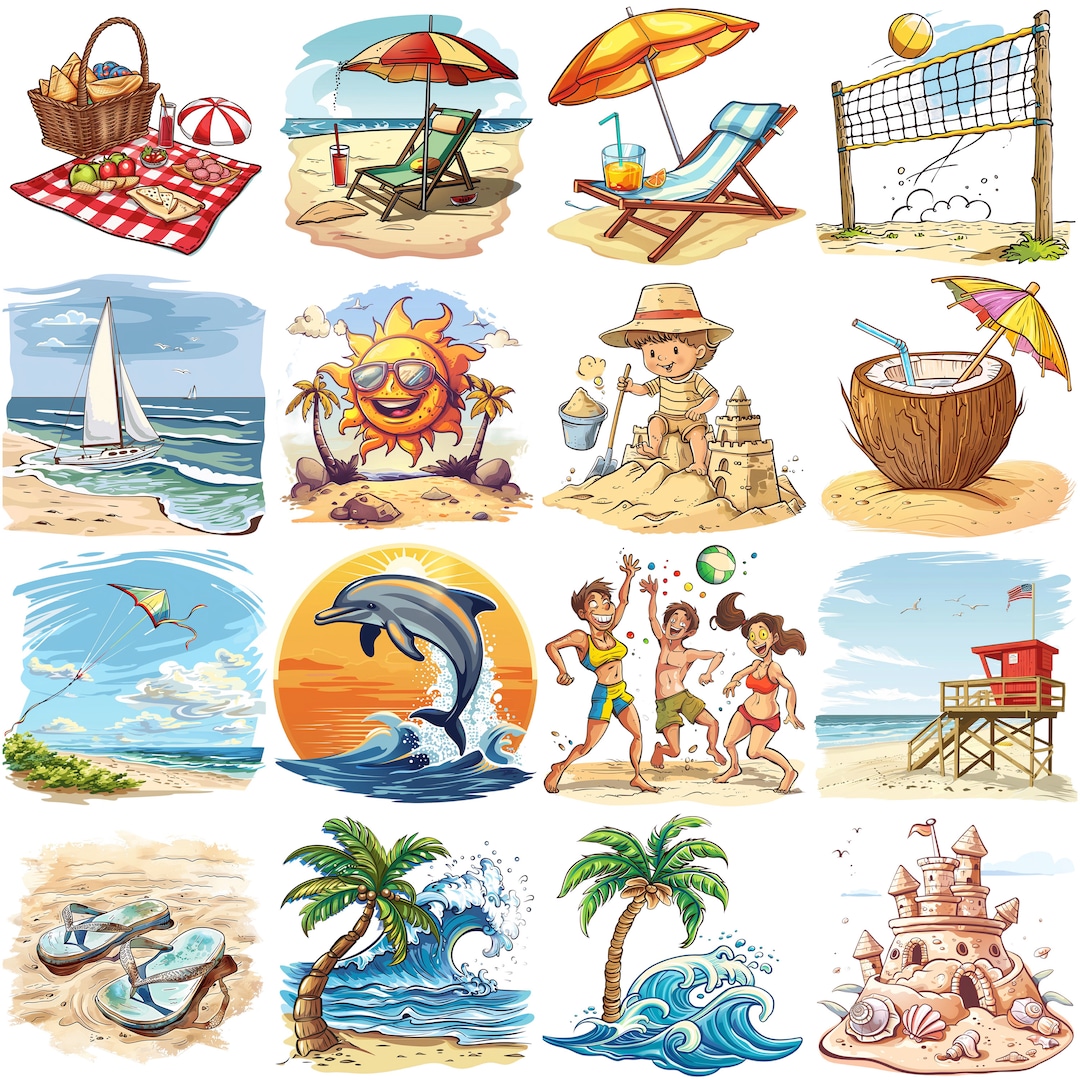 16 Beach Collection Clipart, Beach Clipart Bundle, Commercial Use PNG ...