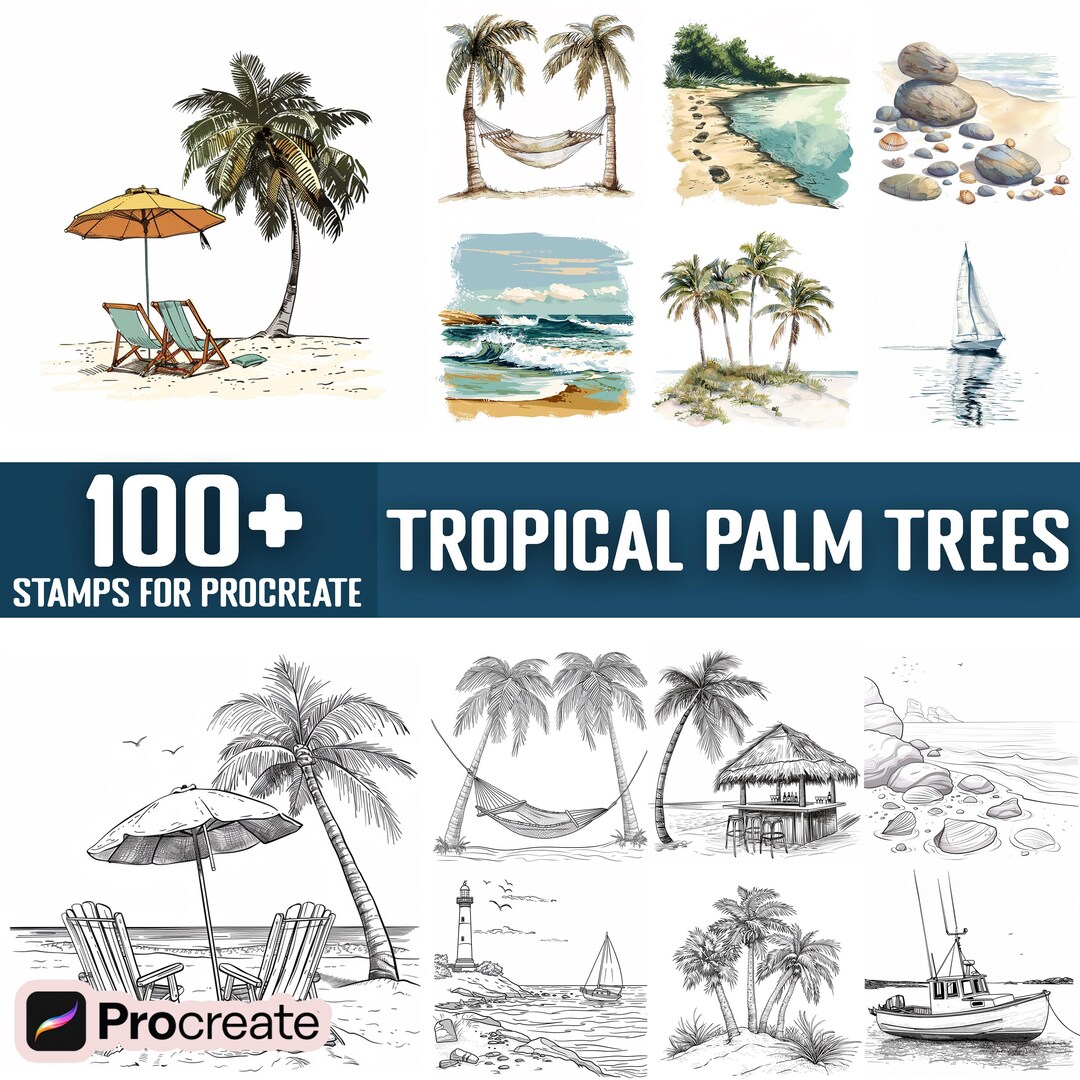 100+ Tropical Palm Trees on the Beach Procreate Stamps, Brushes for ...