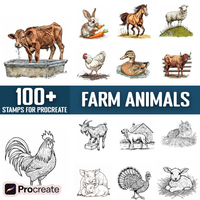 100+ Farm Animals Procreate Stamps, Brushes for Procreate, Instant ...