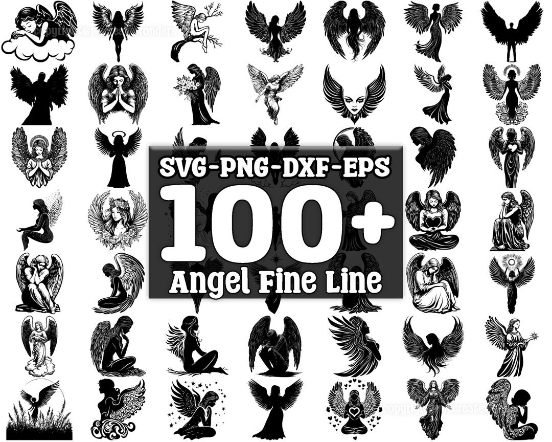 Angel Fine Line Tattoo Art SVG Bundle, Set of 100, Instant Digital ...