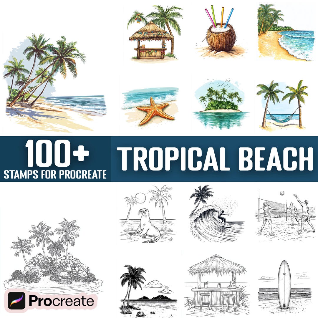 100+ Tropical Beach Procreate Stamps, Brushes for Procreate, Instant ...