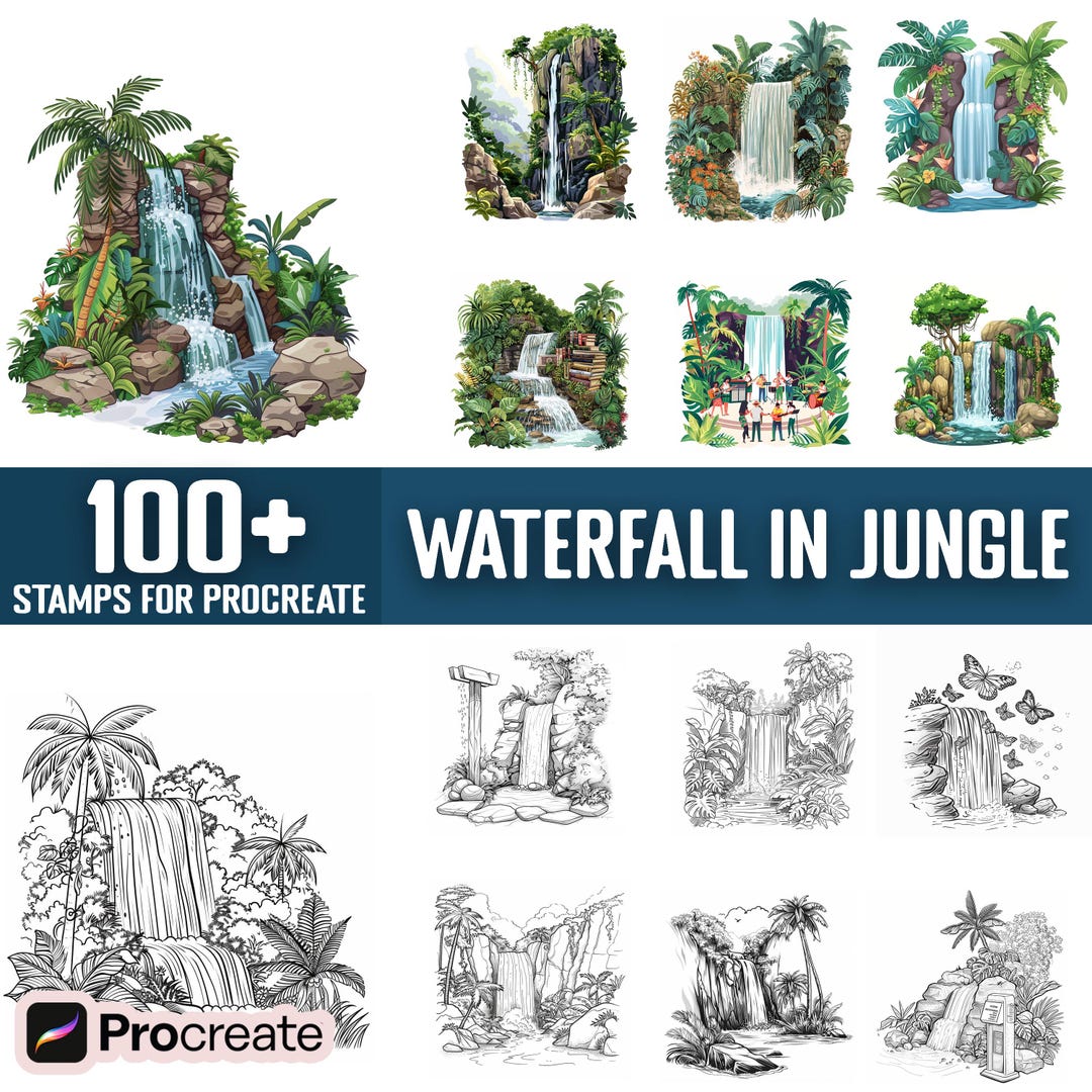 100+ Waterfall in Jungle Procreate Stamps, Brushes for Procreate ...