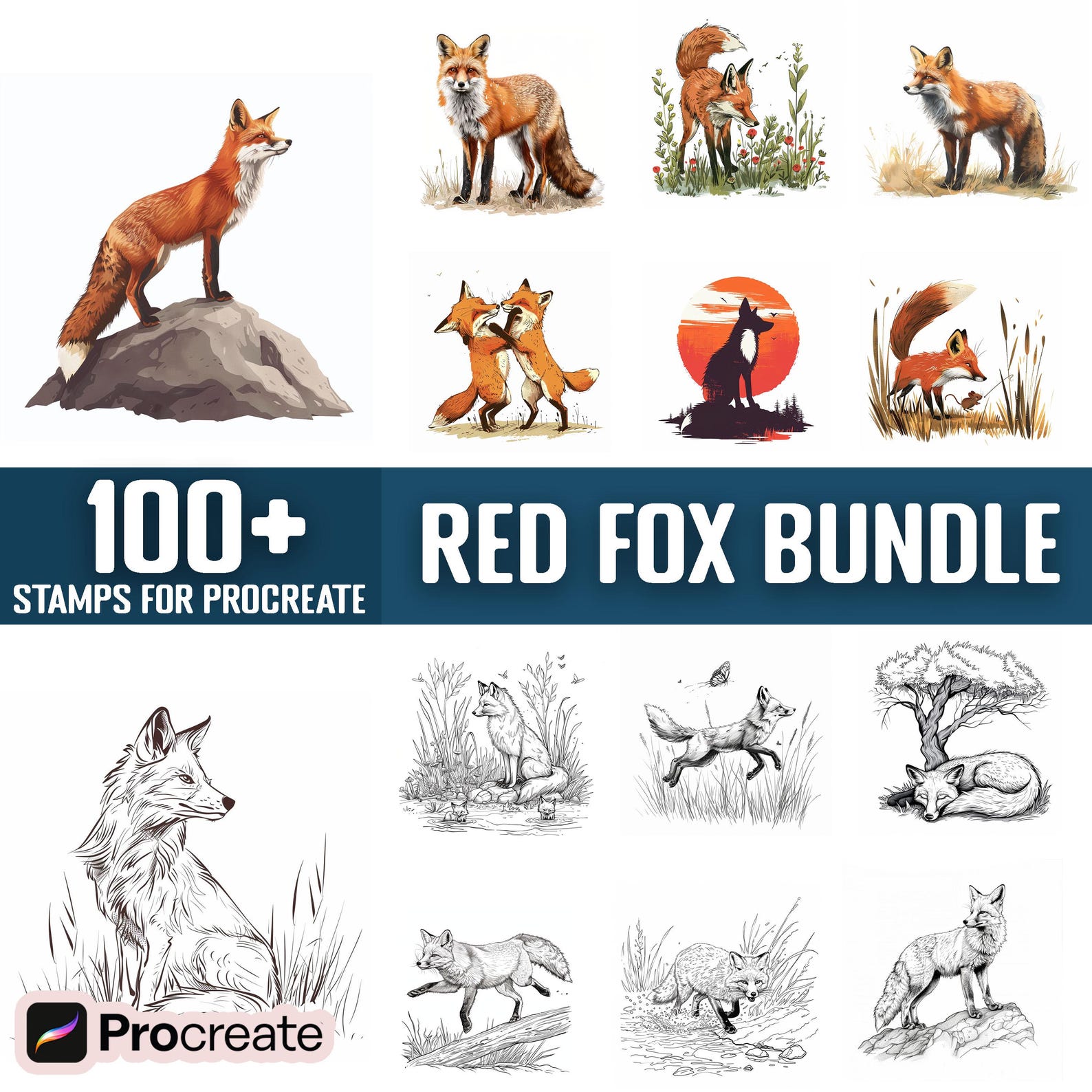 100 Red Fox Bundle Procreate Stamps, Brushes for Procreate, Instant ...