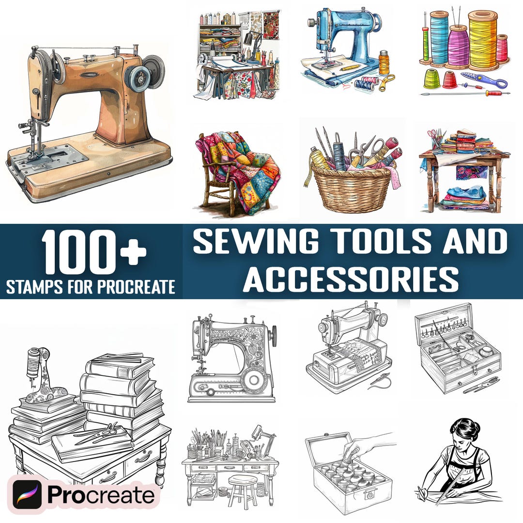 100+ Sewing Tools and Accessories Procreate Stamps, Brushes for ...