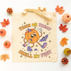 Halloween Canvas Tote Bag, Kid's Trick or Treating Bag, Retro Pumpkin ...
