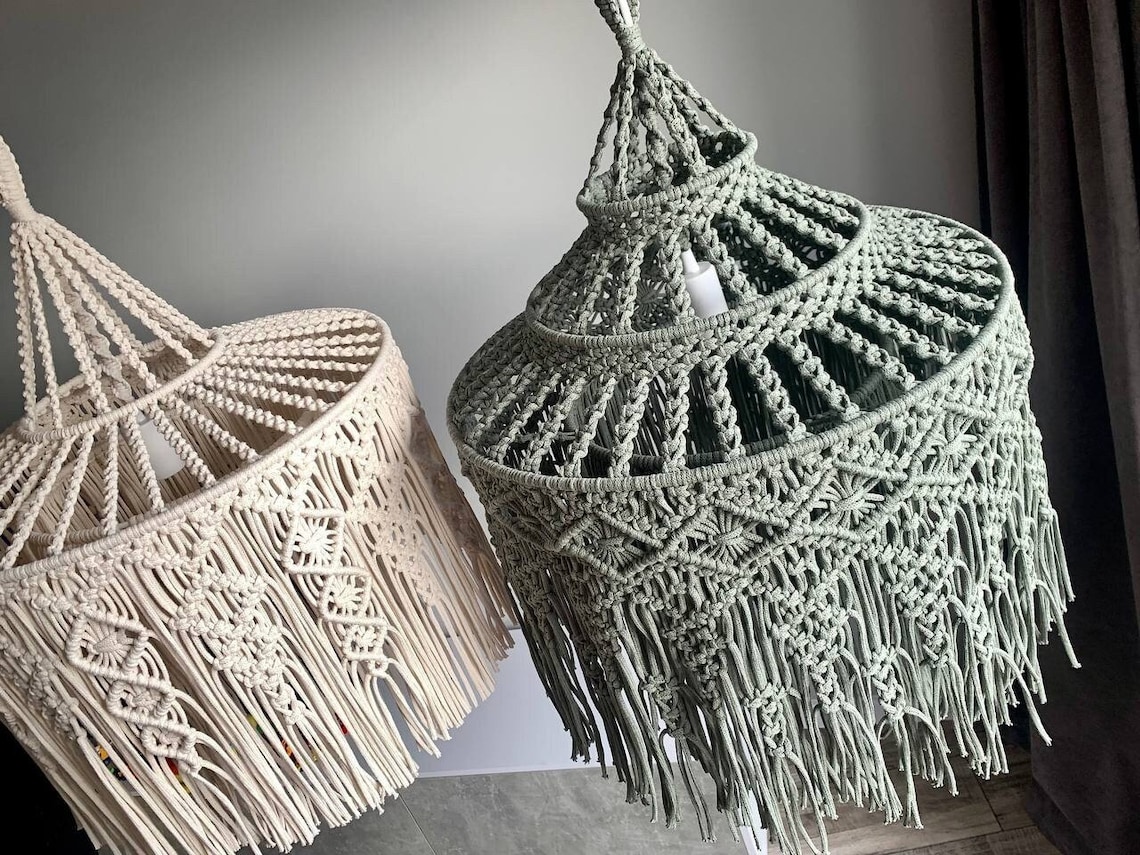 Macrame Lampshade, Macrame Chandelier Lighting, Handmade Light, Pendant ...