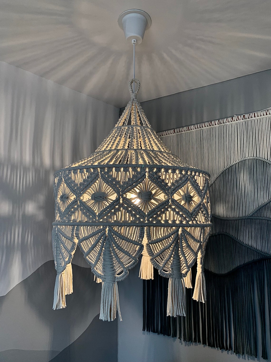 Macrame Lampshade, Macrame Chandelier Lighting, Handmade Light, Pendant ...