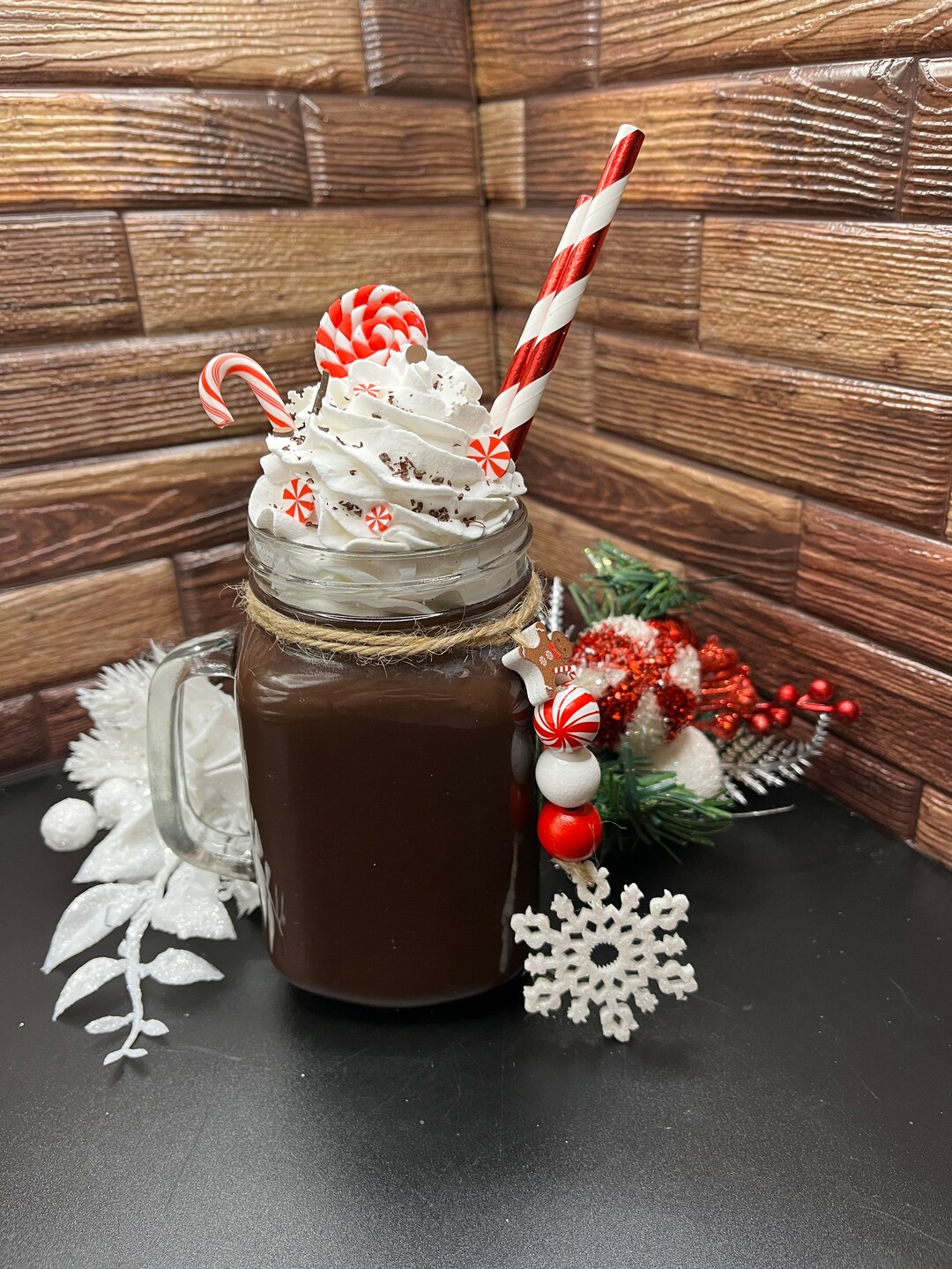 Faux Hot Cocoa Drink Chocolate Mug Fake Peppermint Drink With Garland ...